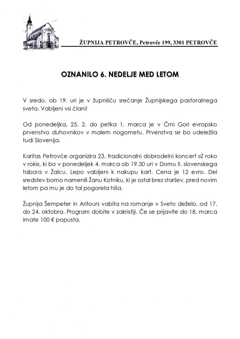 OZNANILA 6. NEDELJE MED LETOM – Župnija Petrovče